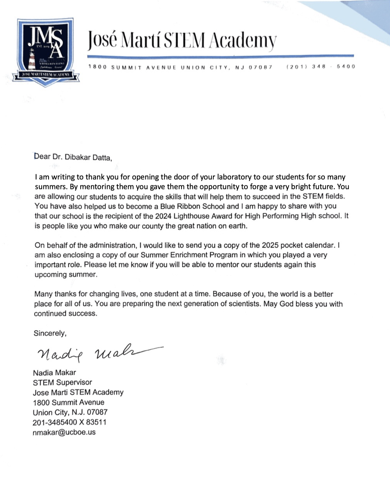 OUTREACH: Appreciation Letter from Jose Marti STEM Academy | Dibakar ...