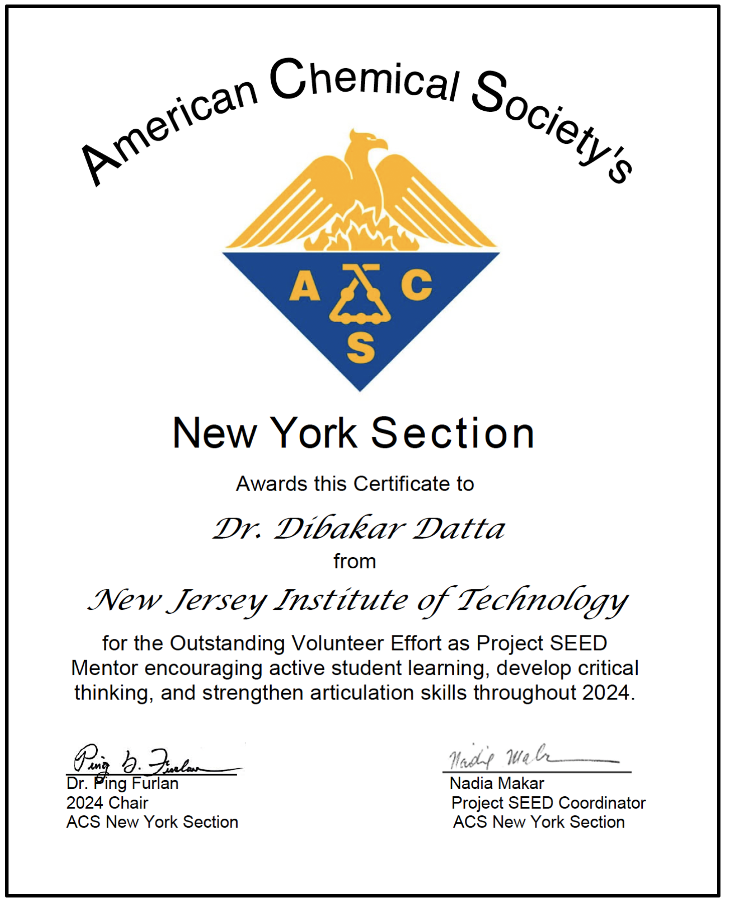 AWARD : ACS Outstanding Project SEED Mentor 2024 | Dibakar Datta ...